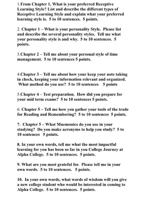 Solved 1.From Chapter 1, What is your preferred Receptive | Chegg.com