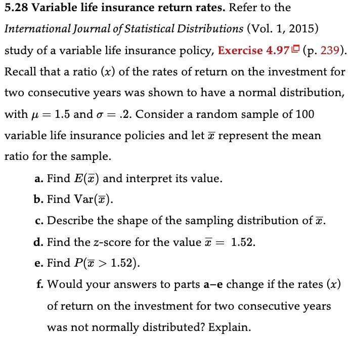 Solved 5.28 Variable life insurance return rates. Refer to | Chegg.com