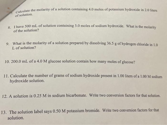 Solved 9. Calculate the molarity of a solution containing | Chegg.com