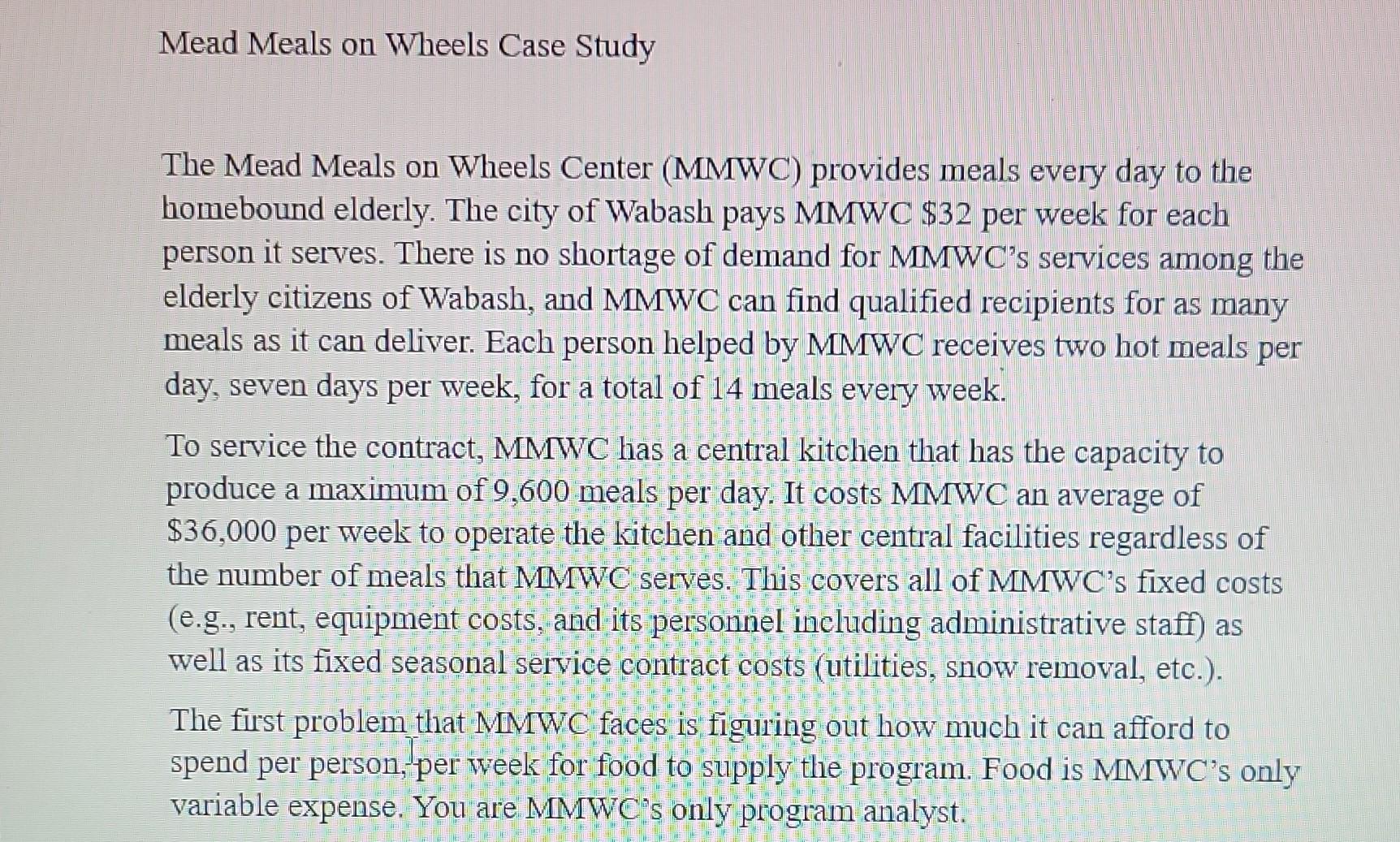 Mead Meals on Wheels Case Study The Mead Meals on | Chegg.com