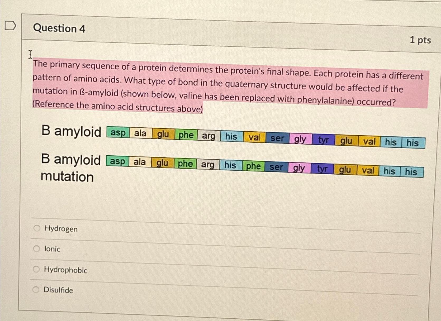 Solved Question 41 ﻿ptsyThe primary sequence of a protein | Chegg.com