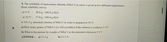 Solved 5. The solubility of ammonium chloride (NH.CO) in | Chegg.com