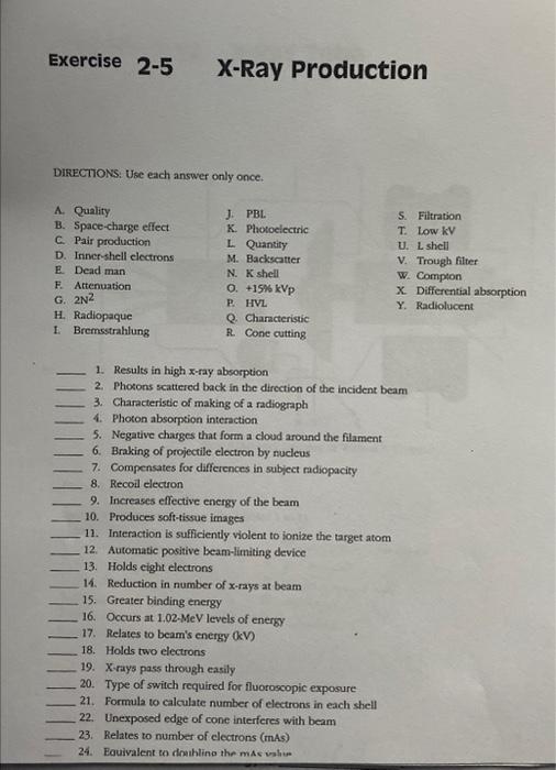 Solved Exercise 2-5 X-Ray Production DiRECTIONS: Use each | Chegg.com