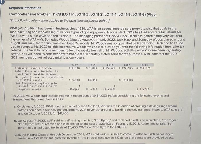 Solved Required information Comprehensive Problem 11-73 (LO | Chegg.com