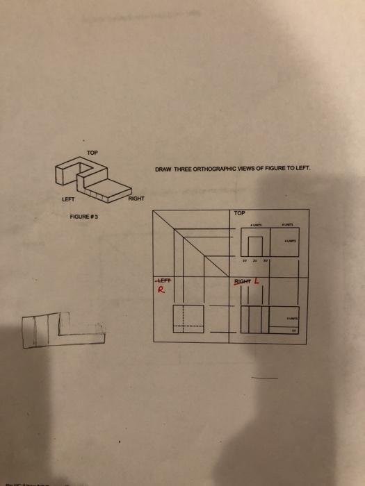 Solved TOP DRAW THREE ORTHOGRAPHIC VIEWS OF FIGURE TO LEFT. | Chegg.com