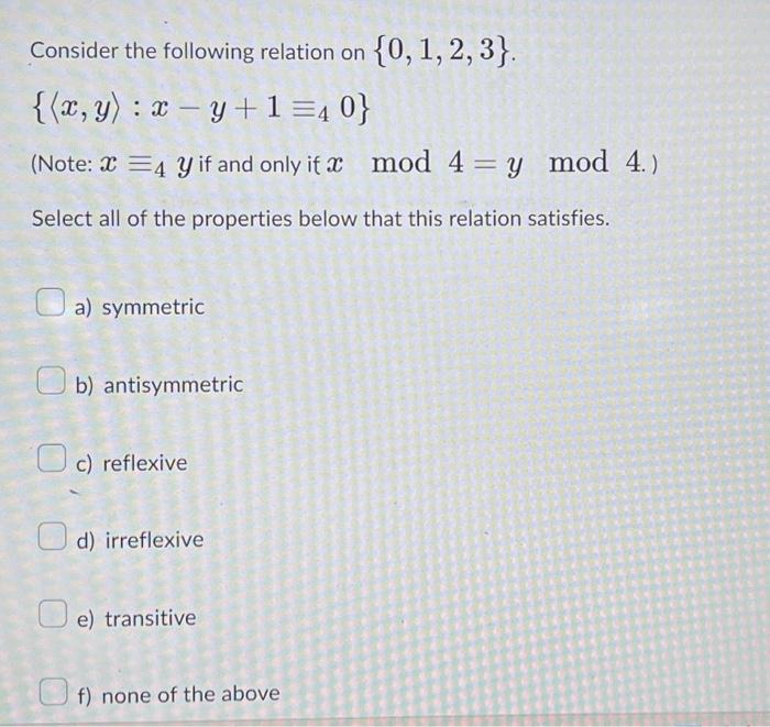 Solved Consider the following relation on {0,1,2,3}. | Chegg.com