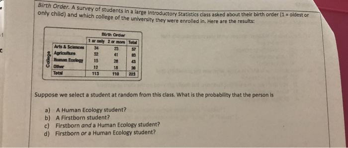 Solved Birth Order. A survey of students in a large | Chegg.com