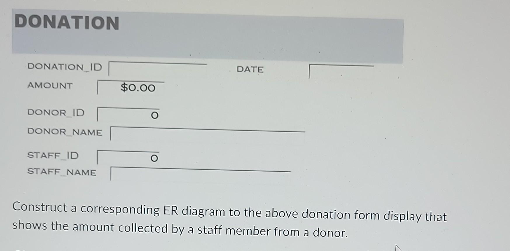 DONATION DONATION ID DATE AMOUNT DONOR ID DONOR_NAME | Chegg.com