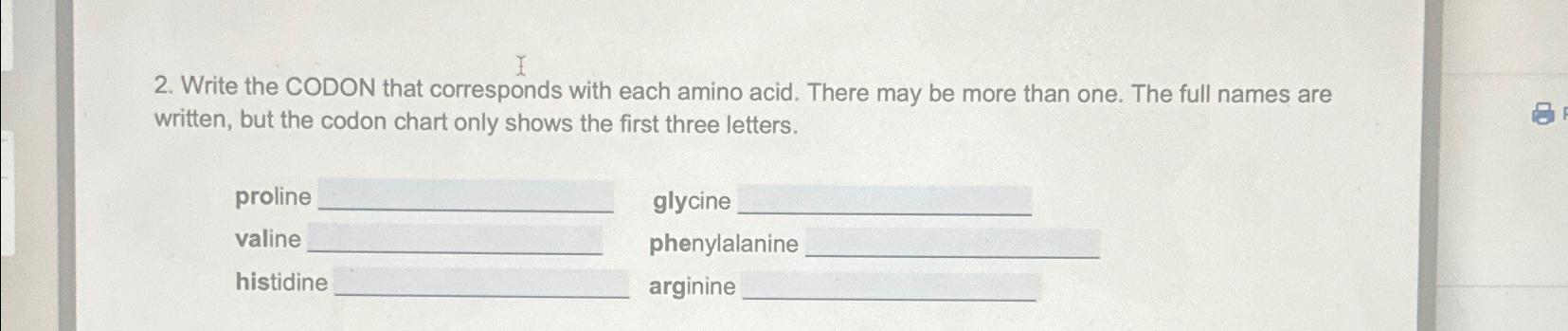Solved Write the CODON that corresponds with each amino | Chegg.com