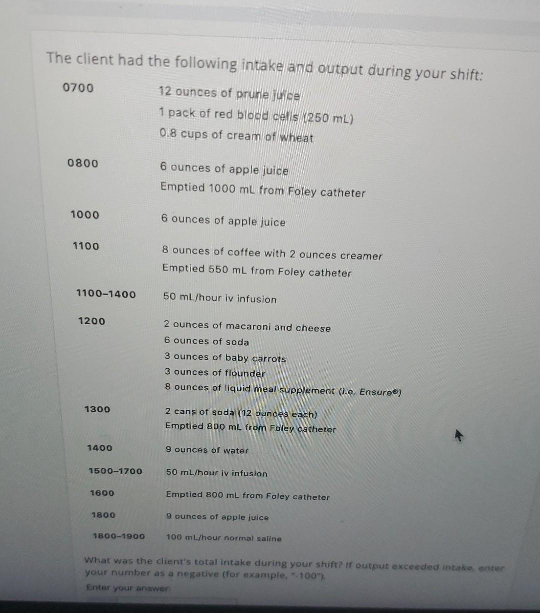 Solved The client had the following intake and output during | Chegg.com