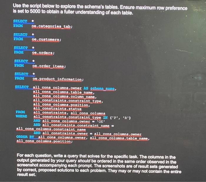 Solved Use the script below to explore the schema's tables. | Chegg.com