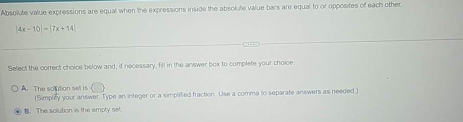 Solved Absolute value expressions are equal when the | Chegg.com