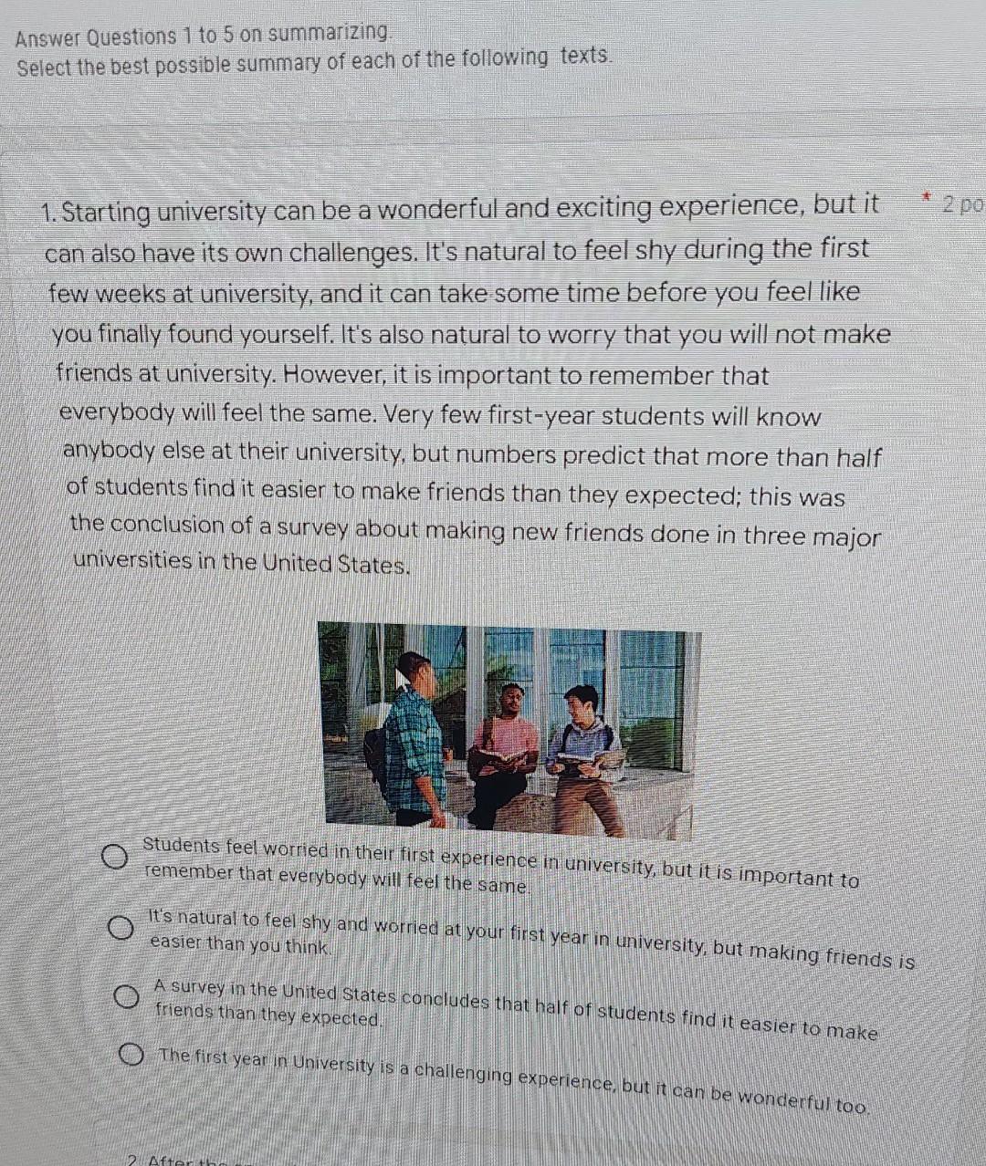 Answer Questions 1 to 5 on summarizing. Select the | Chegg.com