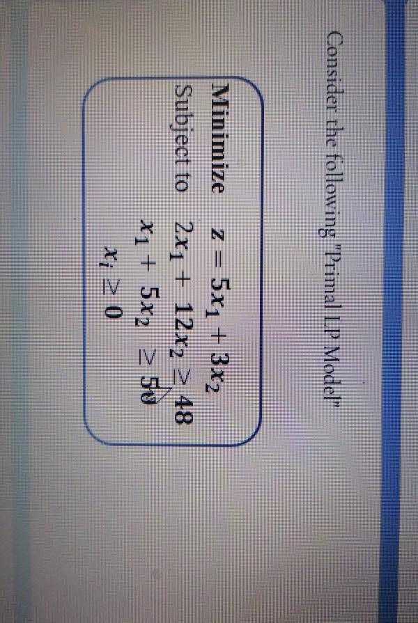 Solved Consider the following "Primal LP Model" Minimize z = | Chegg.com