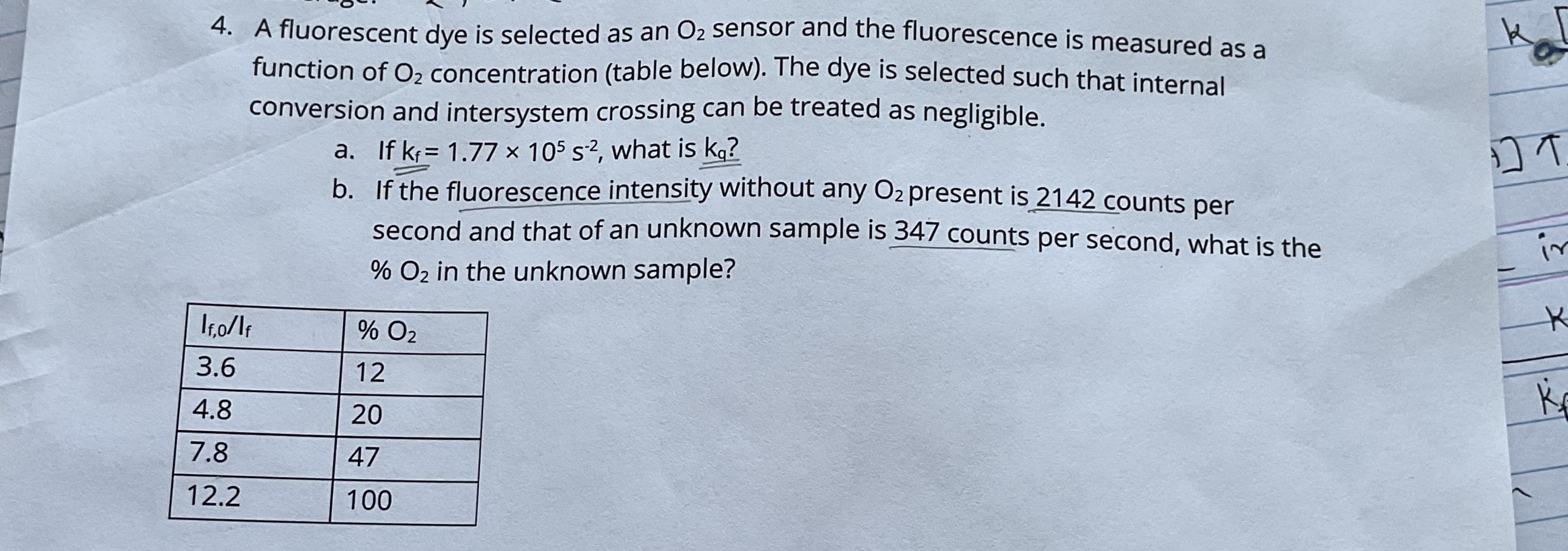Solved 4. ﻿A fluorescent dye is selected as an 02 ﻿sensor | Chegg.com