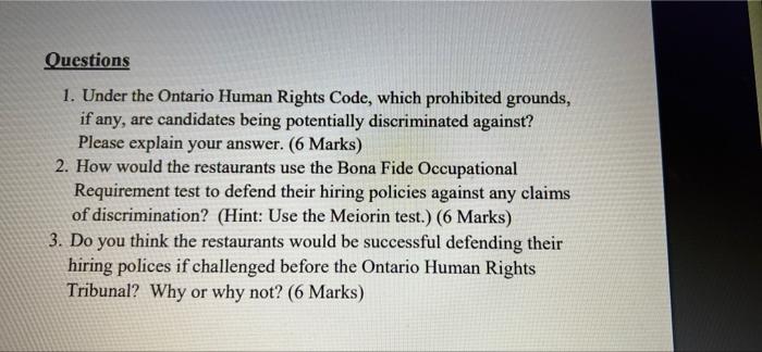Questions 1. Under the Ontario Human Rights Code, | Chegg.com