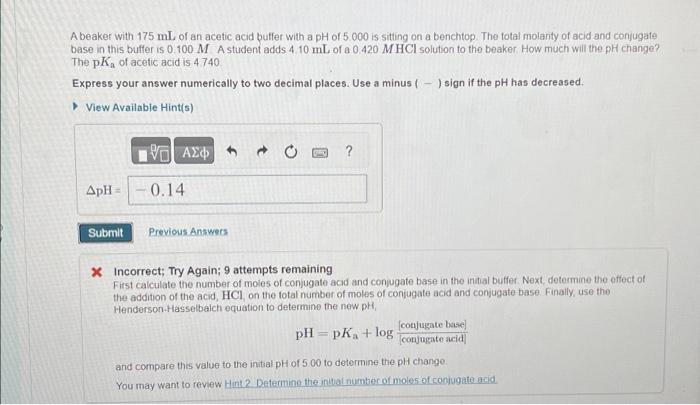 Solved A beaker with 175 mL of an acetic acid putfer with a | Chegg.com