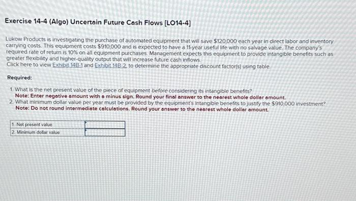 Solved Exercise 14-4 (Algo) Uncertain Future Cash Flows | Chegg.com Solved Exercise 14-4 (Algo) Uncertain Future Cash Flows | Chegg.com