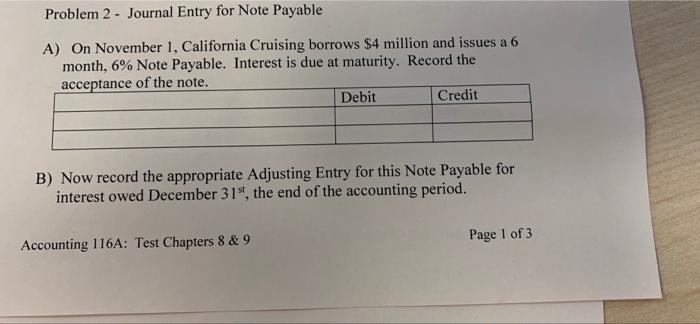 Solved Problem 2 - Journal Entry for Note Payable A) On | Chegg.com