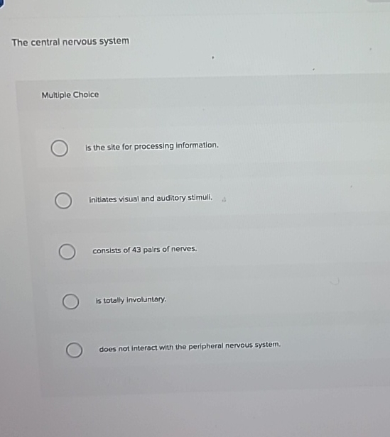 Solved The central nervous systemMultiple Choice ﻿Is the | Chegg.com