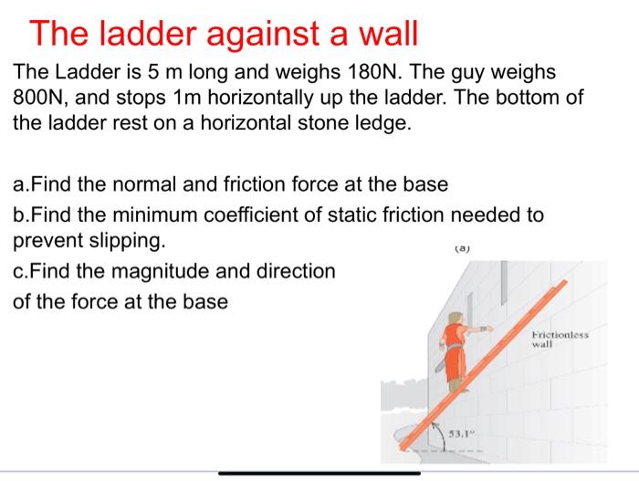 Solved The Ladder is 5 m long and weighs 180 N. The guy | Chegg.com