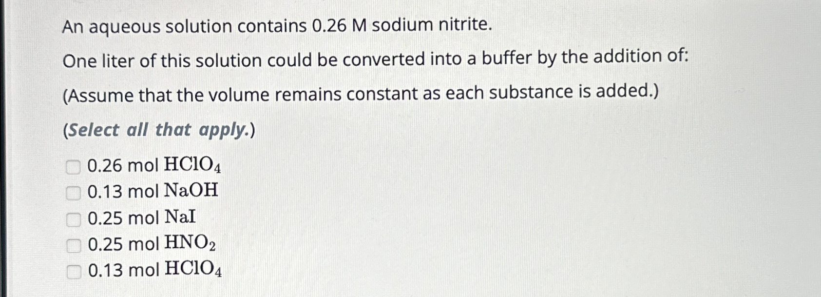 Solved An aqueous solution contains 0.26M ﻿sodium | Chegg.com