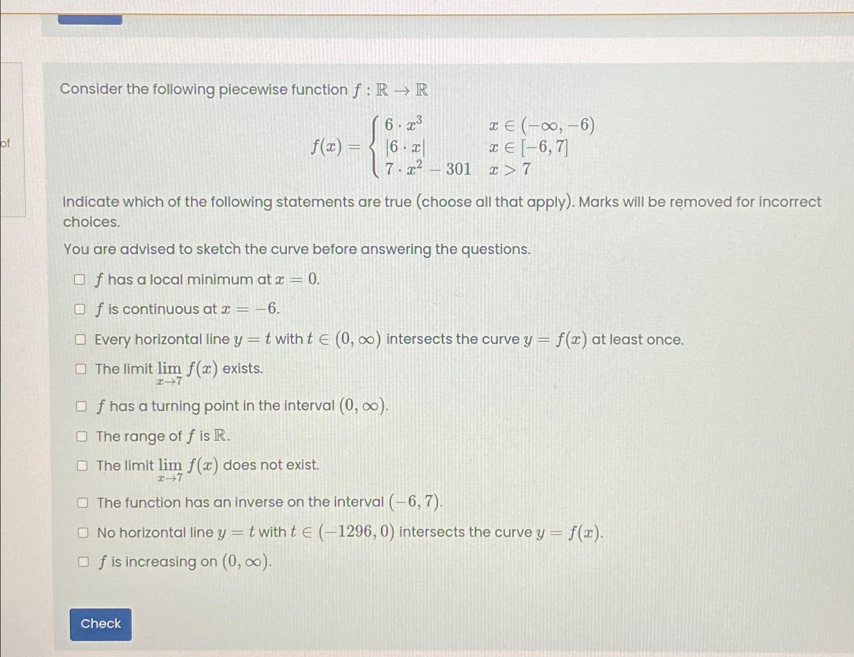 Solved Consider the following piecewise function | Chegg.com
