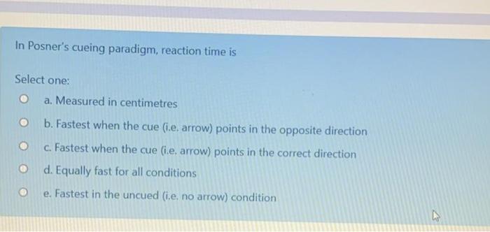 Solved In Posner's cueing paradigm, reaction time is Select | Chegg.com