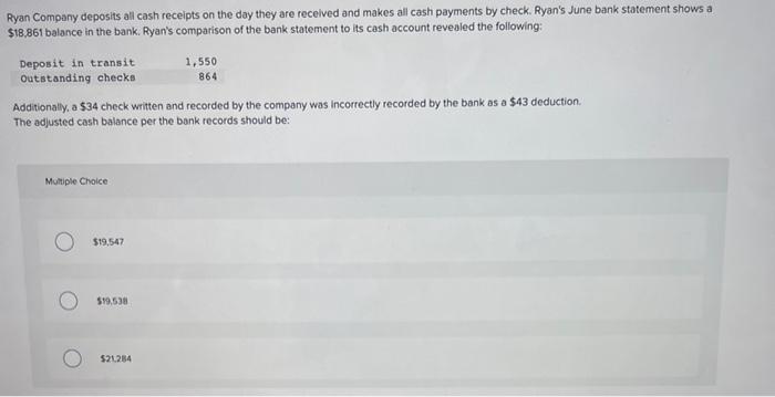 Solved Ryan Company deposits all cash receipts on the day | Chegg.com
