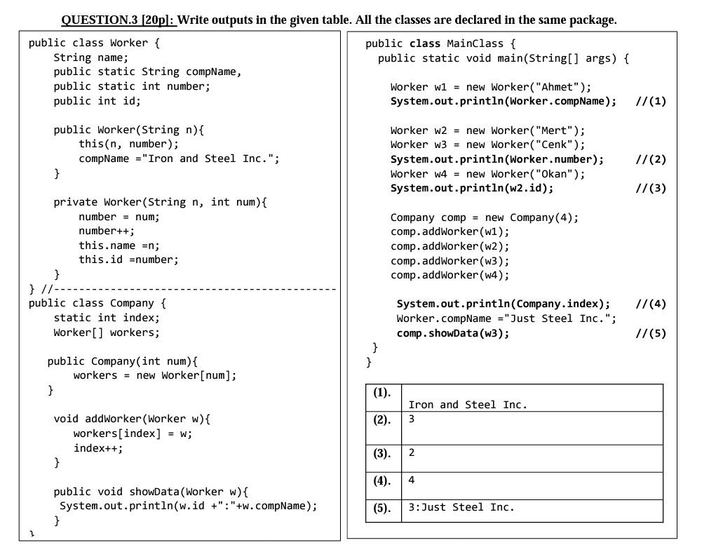 Solved QUESTION.3 [20p]: Write outputs in the given table. | Chegg.com