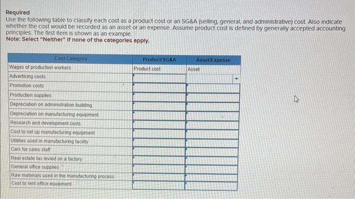 Solved Required Use the following table to classify each | Chegg.com