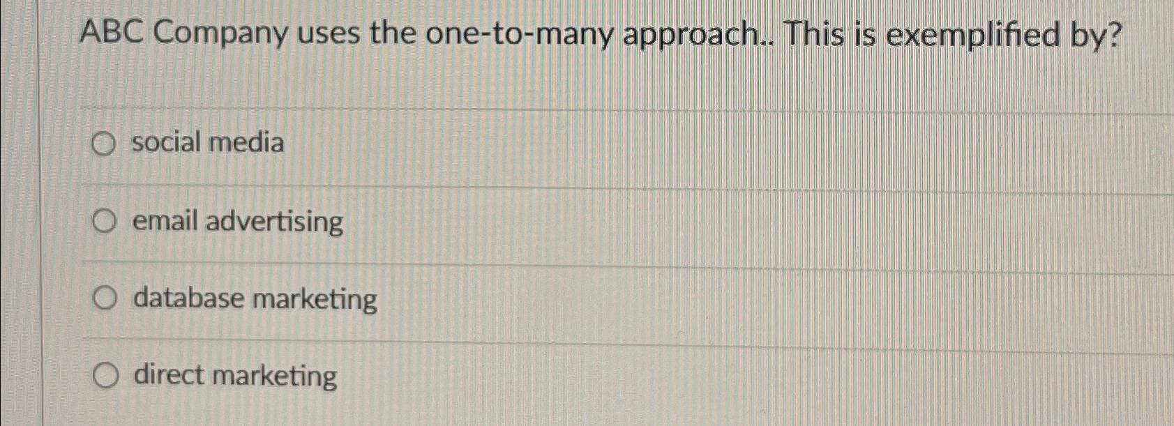 Solved ABC Company uses the one-to-many approach.. This is | Chegg.com