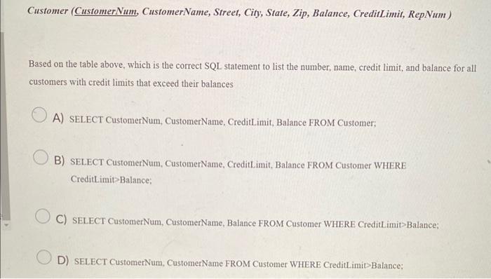 Solved Customer ( CustomerNum, CustomerName, Street, City, | Chegg.com
