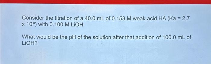 Solved Consider the titration of a 40.0 mL of 0.153M weak | Chegg.com