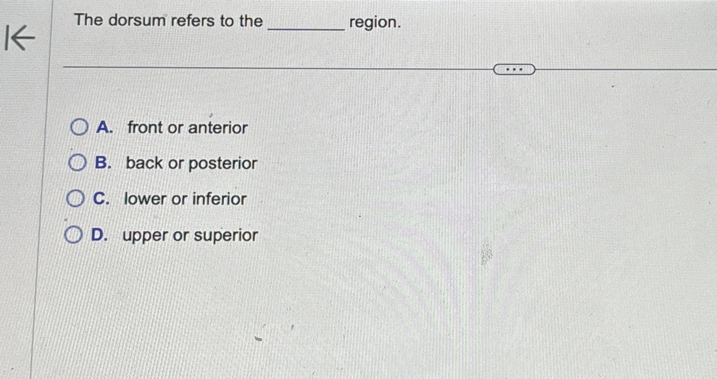 Solved The dorsum refers to the ﻿region.A. ﻿front or | Chegg.com