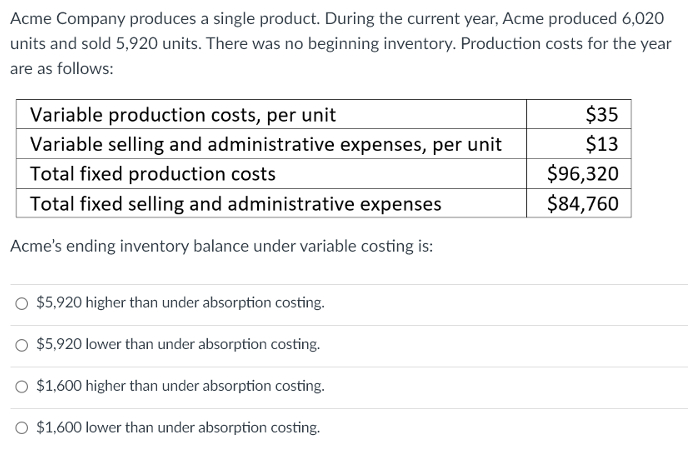 Solved Acme Company produces a single product. During the | Chegg.com