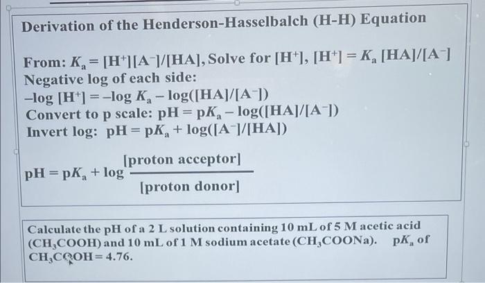 Solved Derivation of the Henderson-Hasselbalch (H-H) | Chegg.com