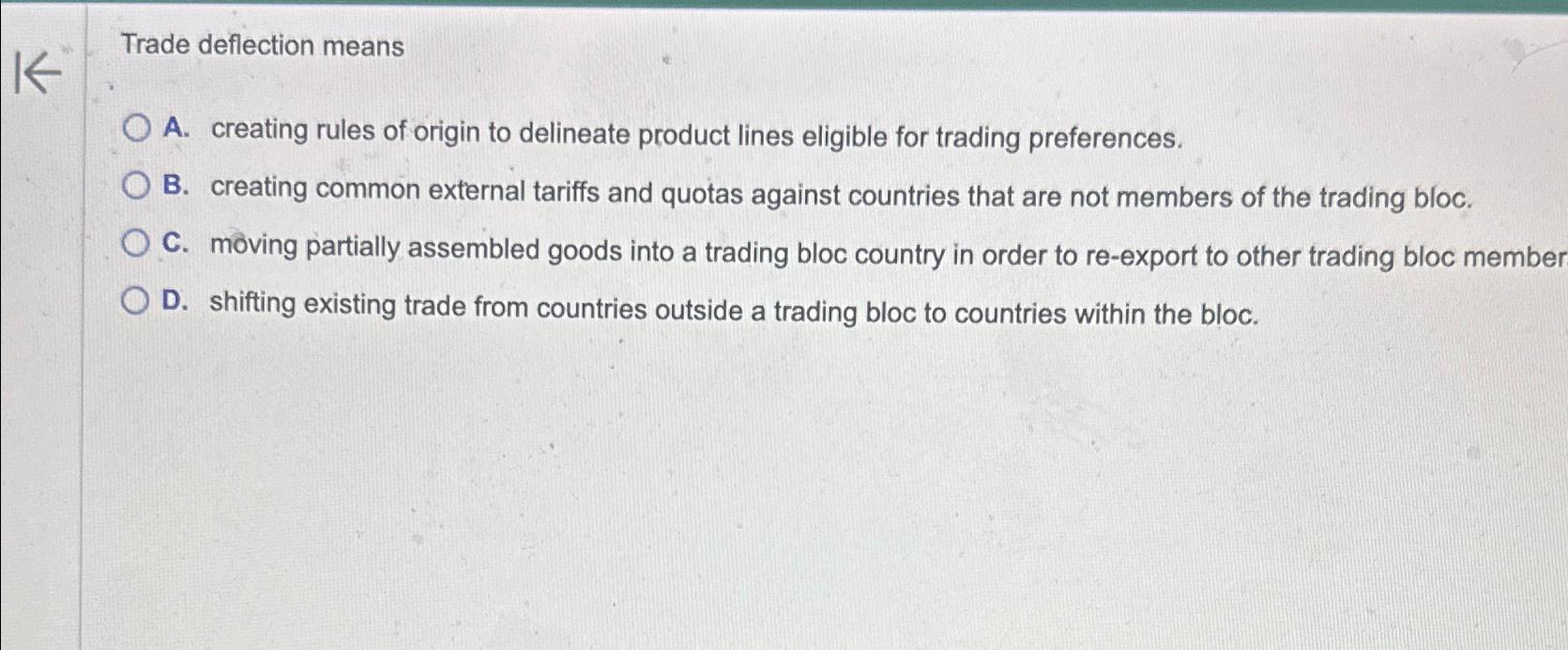 Solved Trade deflection meansA. ﻿creating rules of origin to | Chegg.com