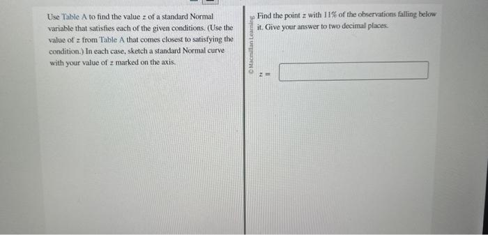 Use Table A to find the value z of a standard Normal | Chegg.com