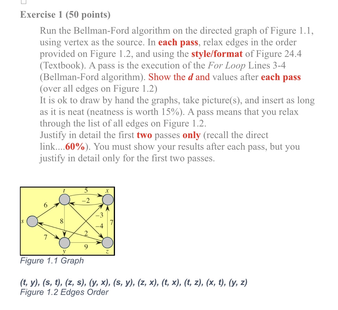 Solved Exercise 1 (50 ﻿points)Run the Bellman-Ford algorithm | Chegg.com