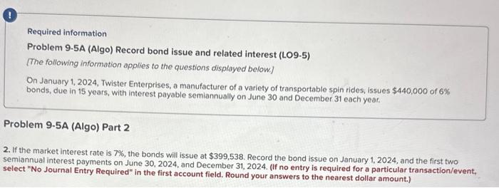 Solved Required information Problem 9.5A (Algo) Record bond | Chegg.com