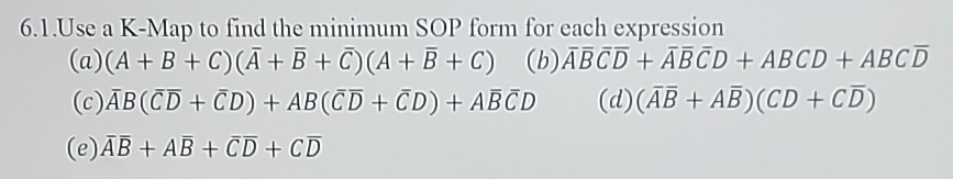 Solved 6.1. ﻿Use a K-Map to find the minimum SOP form for | Chegg.com
