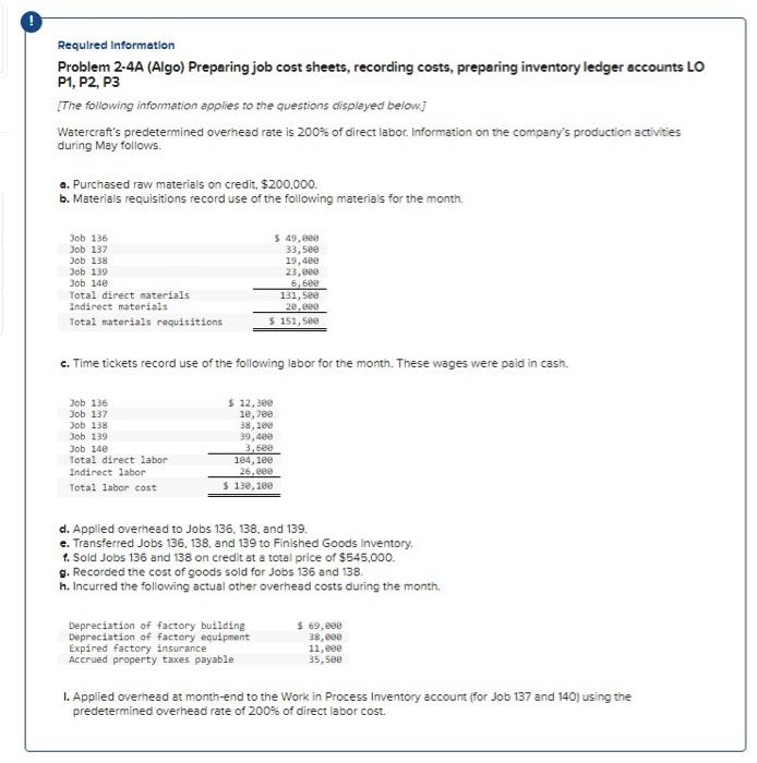 Solved Requlred Information Problem 2-4A (Algo) Preparing | Chegg.com