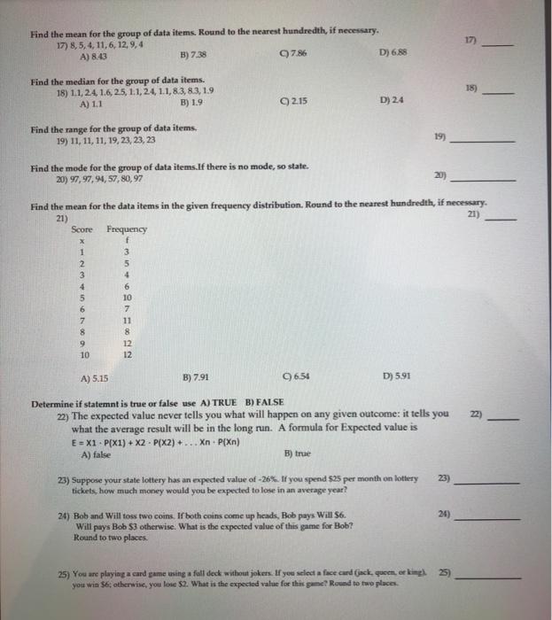 Solved Find The Standard Deviation For The Group Of Data Chegg