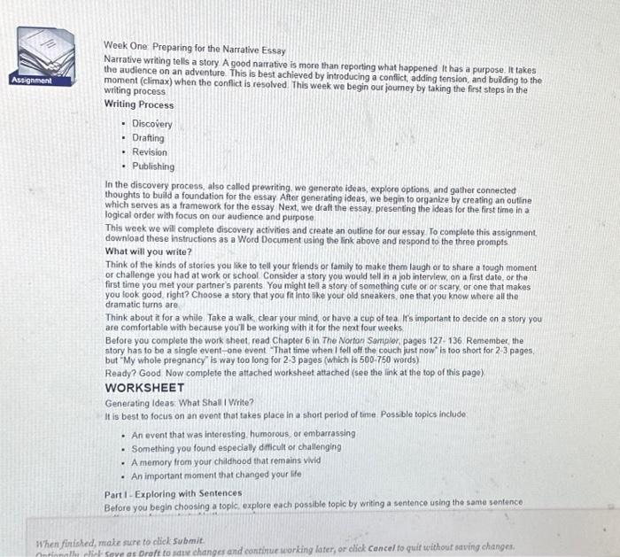 Week One Preparing for the Narrative Essay Narrative | Chegg.com