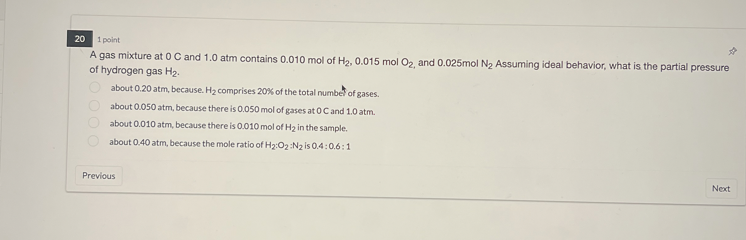 Solved 1 ﻿pointA gas mixture at 0 ﻿C and 1.0 ﻿atm contains | Chegg.com