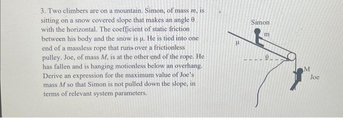 Solved 3. Two climbers are on a mountain. Simon, of mass m, | Chegg.com