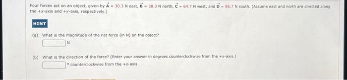 Solved Four forces act on an object, given by A=30.3 N east, | Chegg.com
