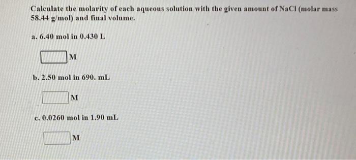 Solved Calculate the molarity of each aqueous solution with | Chegg.com