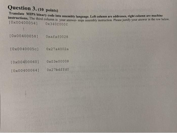 Solved Question 3.(10 points) Translate MIPS binary code | Chegg.com